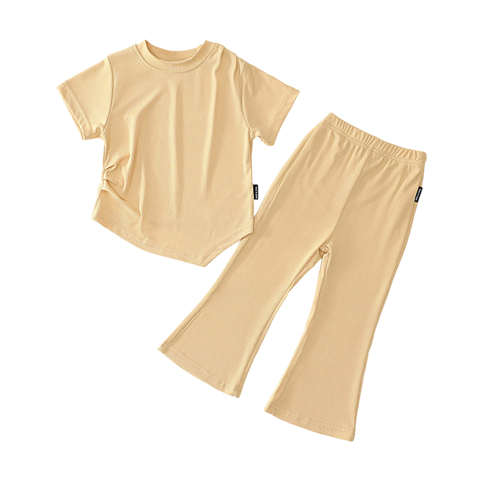 Two Piece Kids Ribbed Outfit Girls Asymmetrical Hem Crop Tees Wide Leg ...