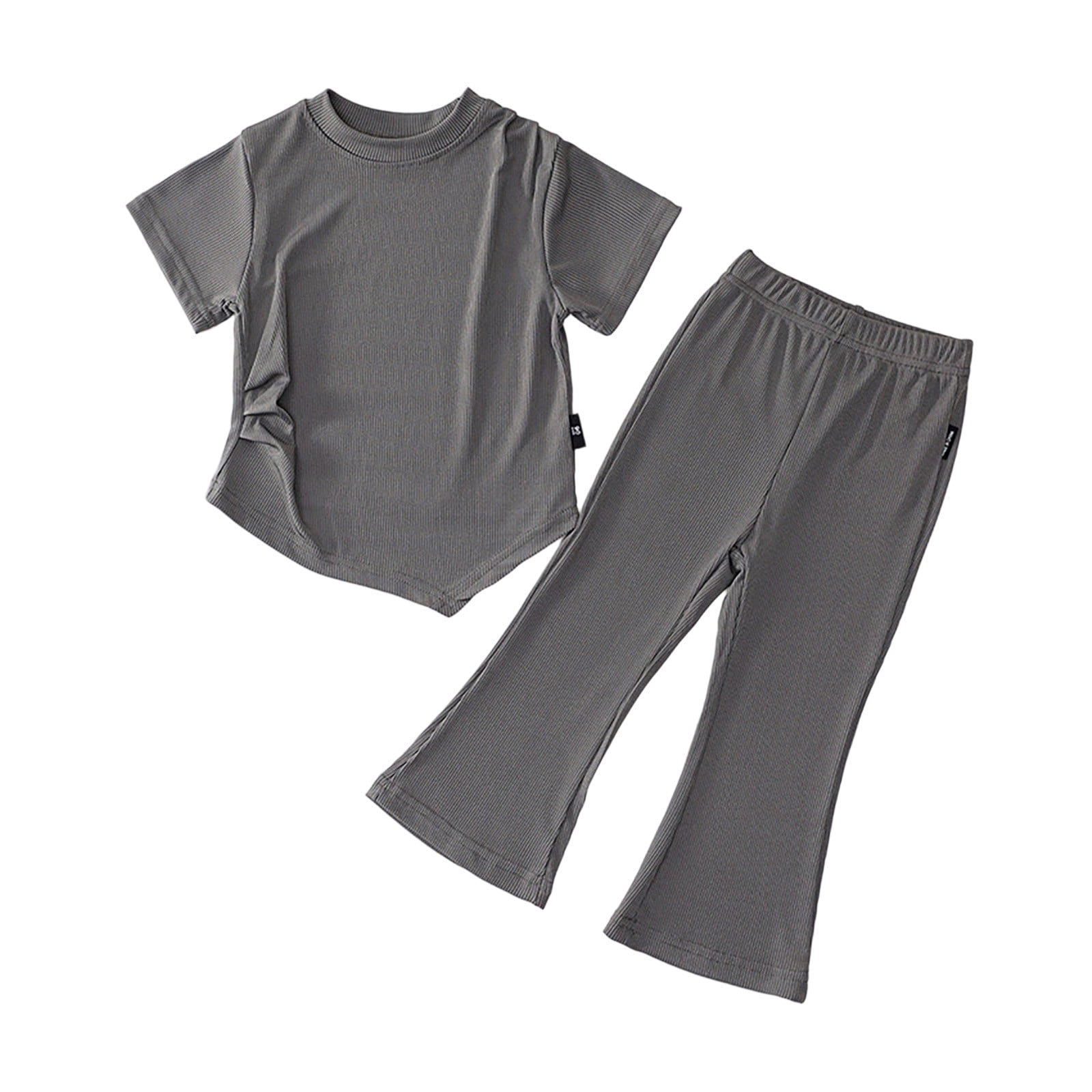 Two Piece Kids Ribbed Outfit Girls Asymmetrical Hem Crop Tees Wide Leg ...