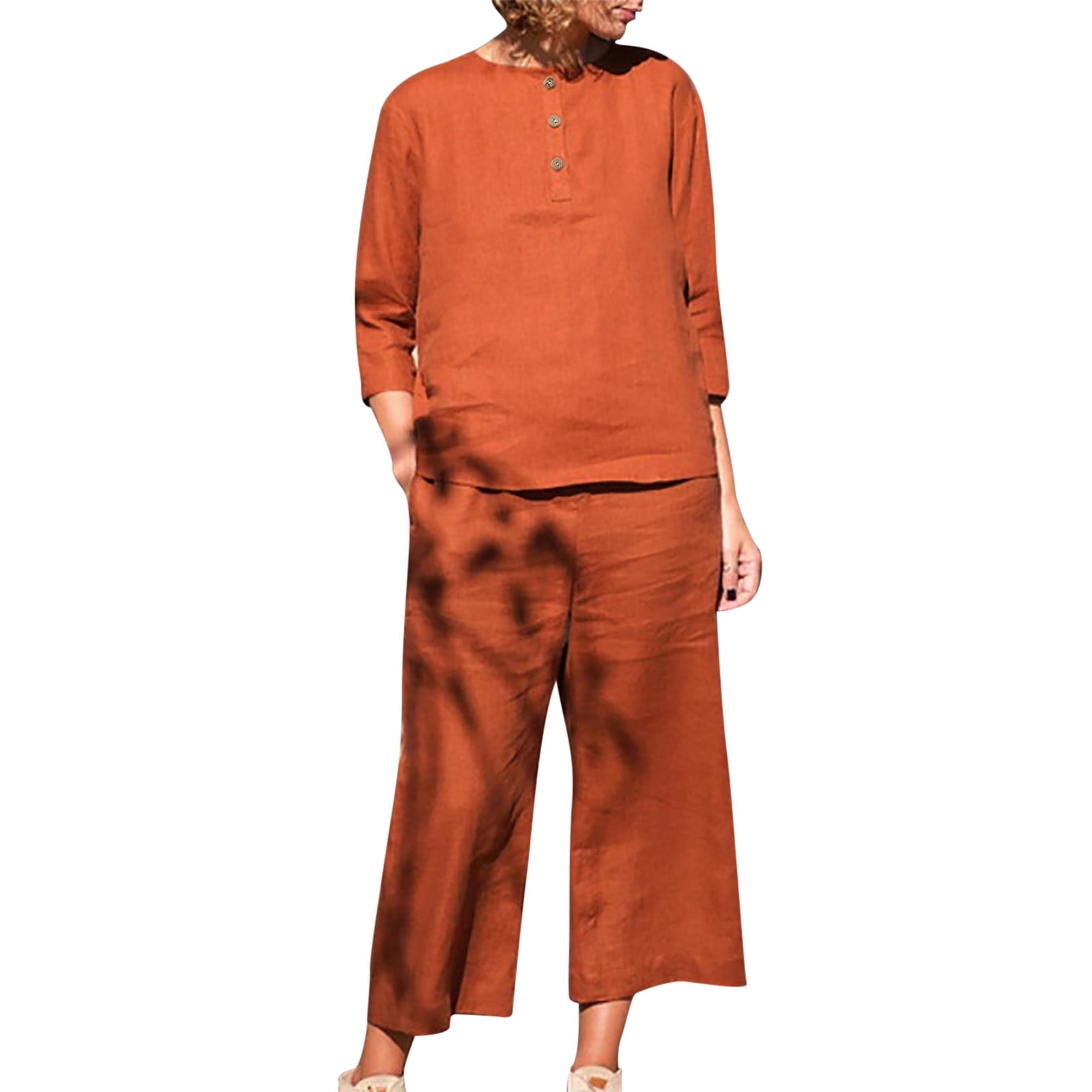 Two Piece Linen Sets Women Plus Size 22 Cotton Linen Half Sleeve Henley ...