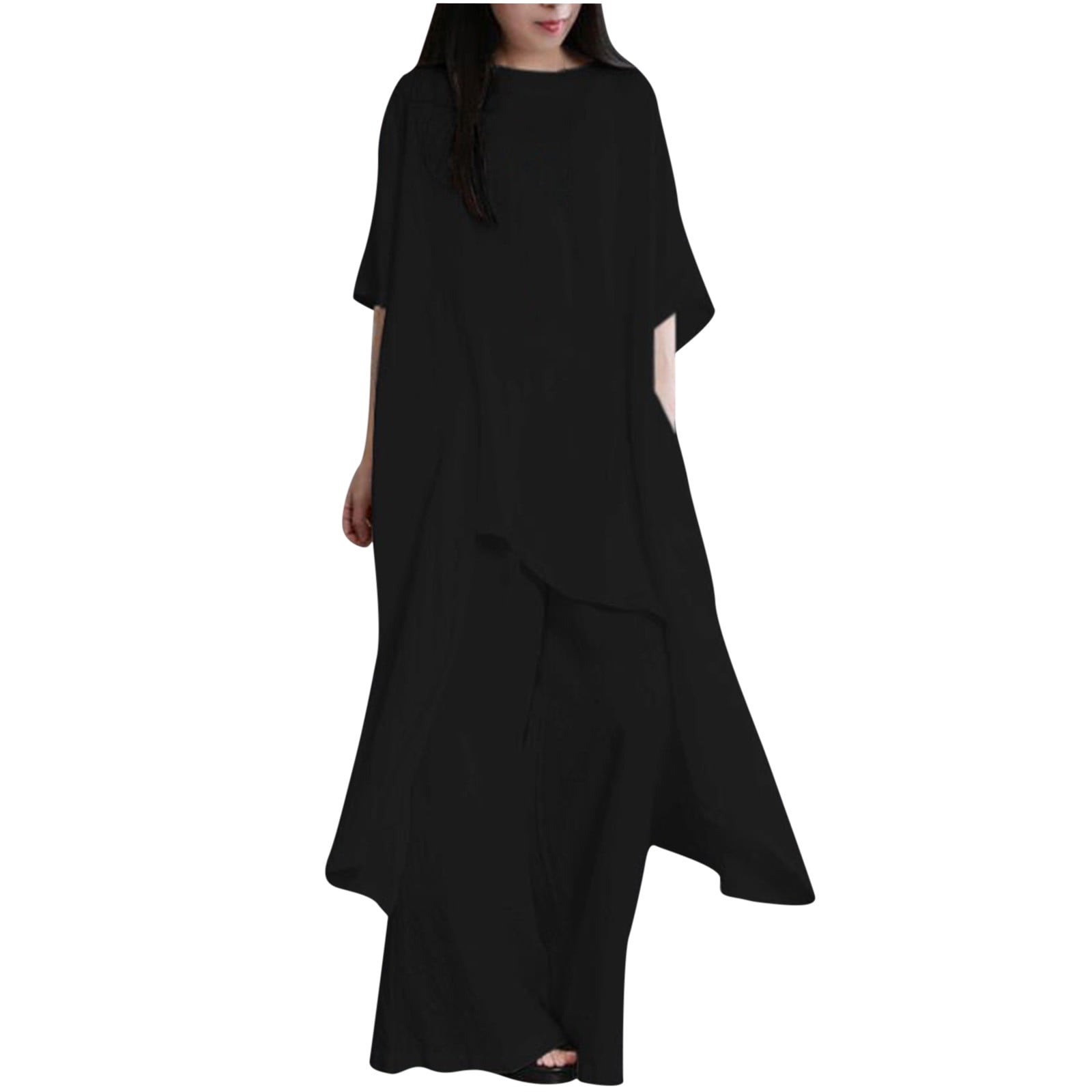 Two Piece Linen Sets For Women Elbow Sleeve Asymmetrical Hem Longline