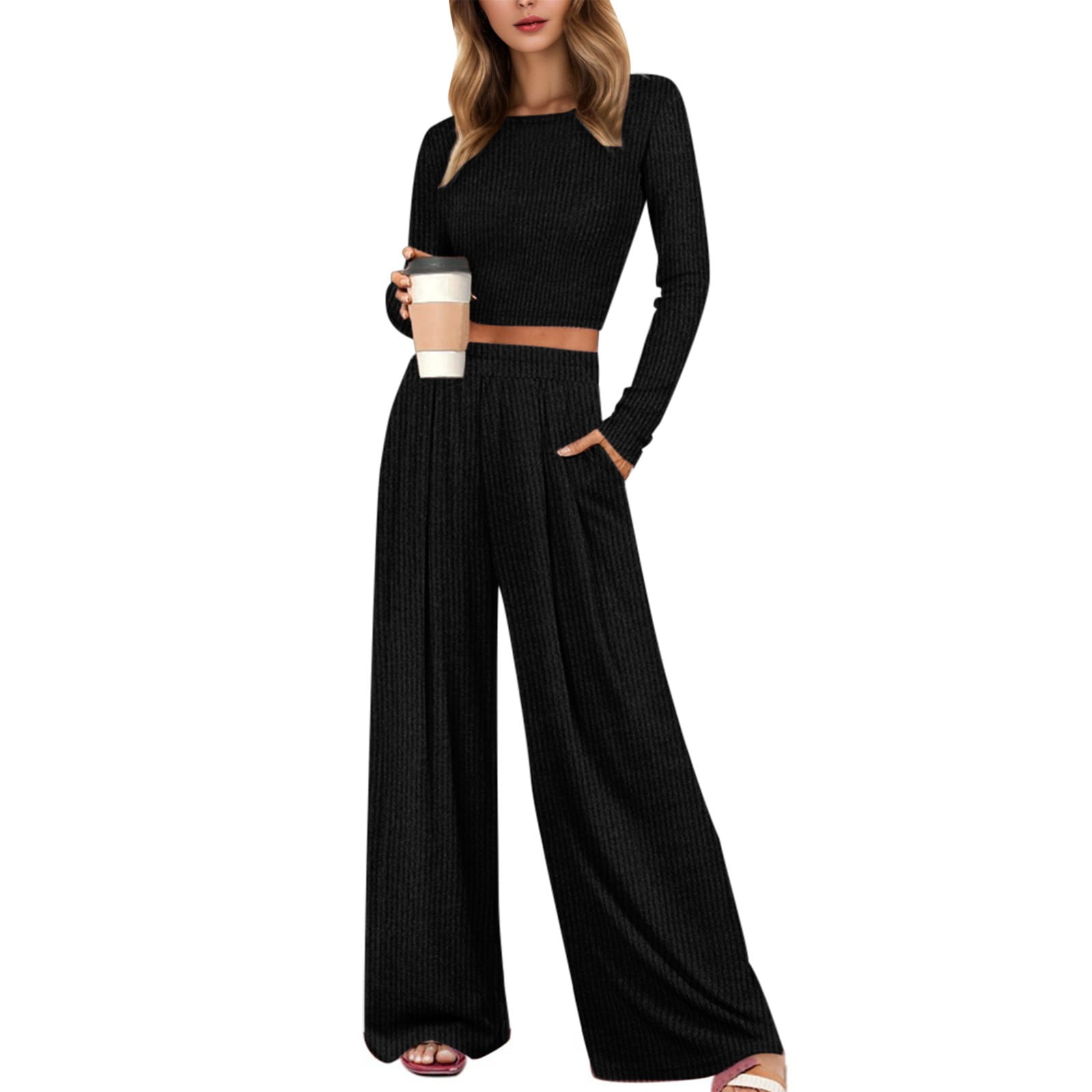 Two Piece Outfits For Women Long Sleeve Crop Top Wide Leg Pants ...