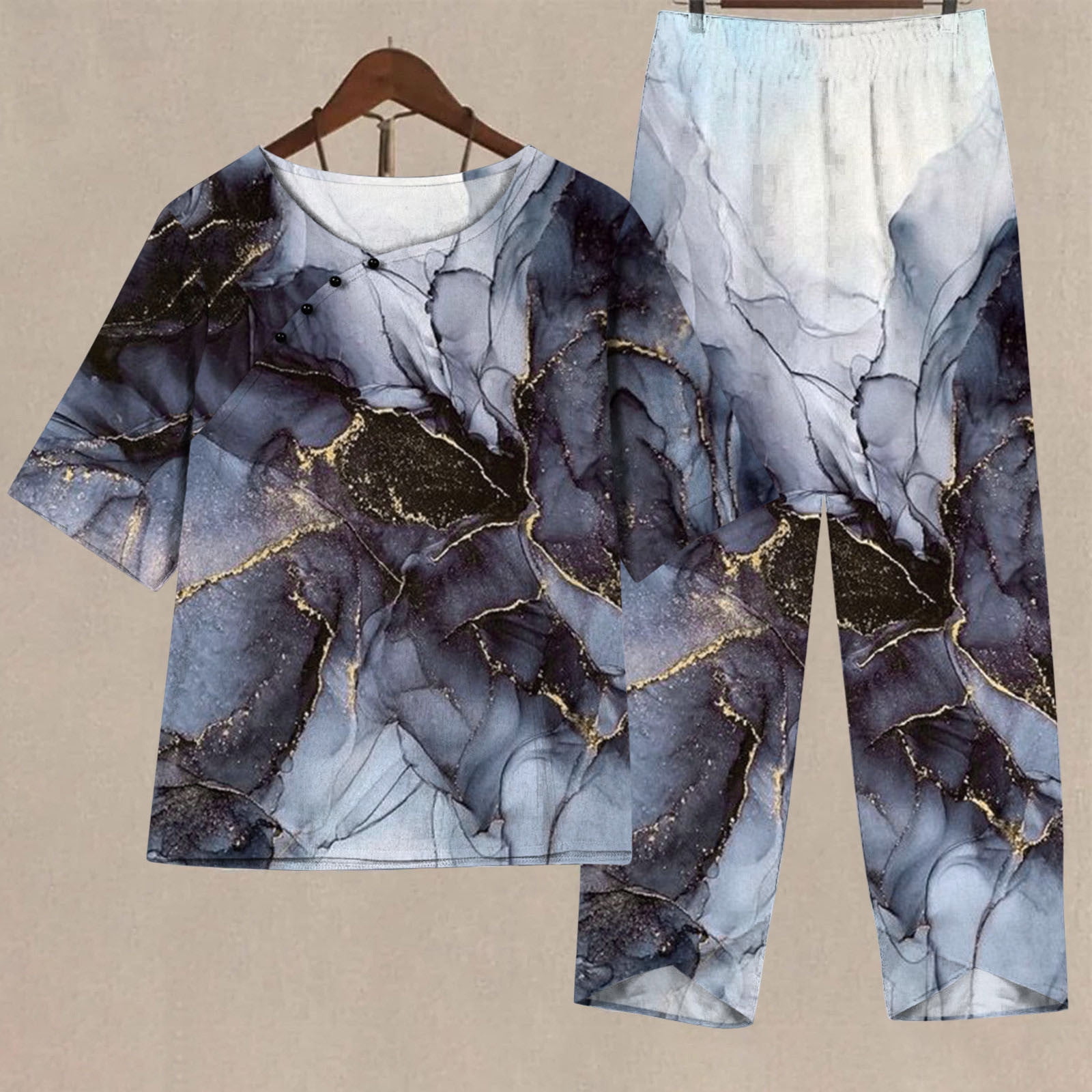 Two Piece Outfits for Women Butterfly Printed Three Quarter Sleeve ...