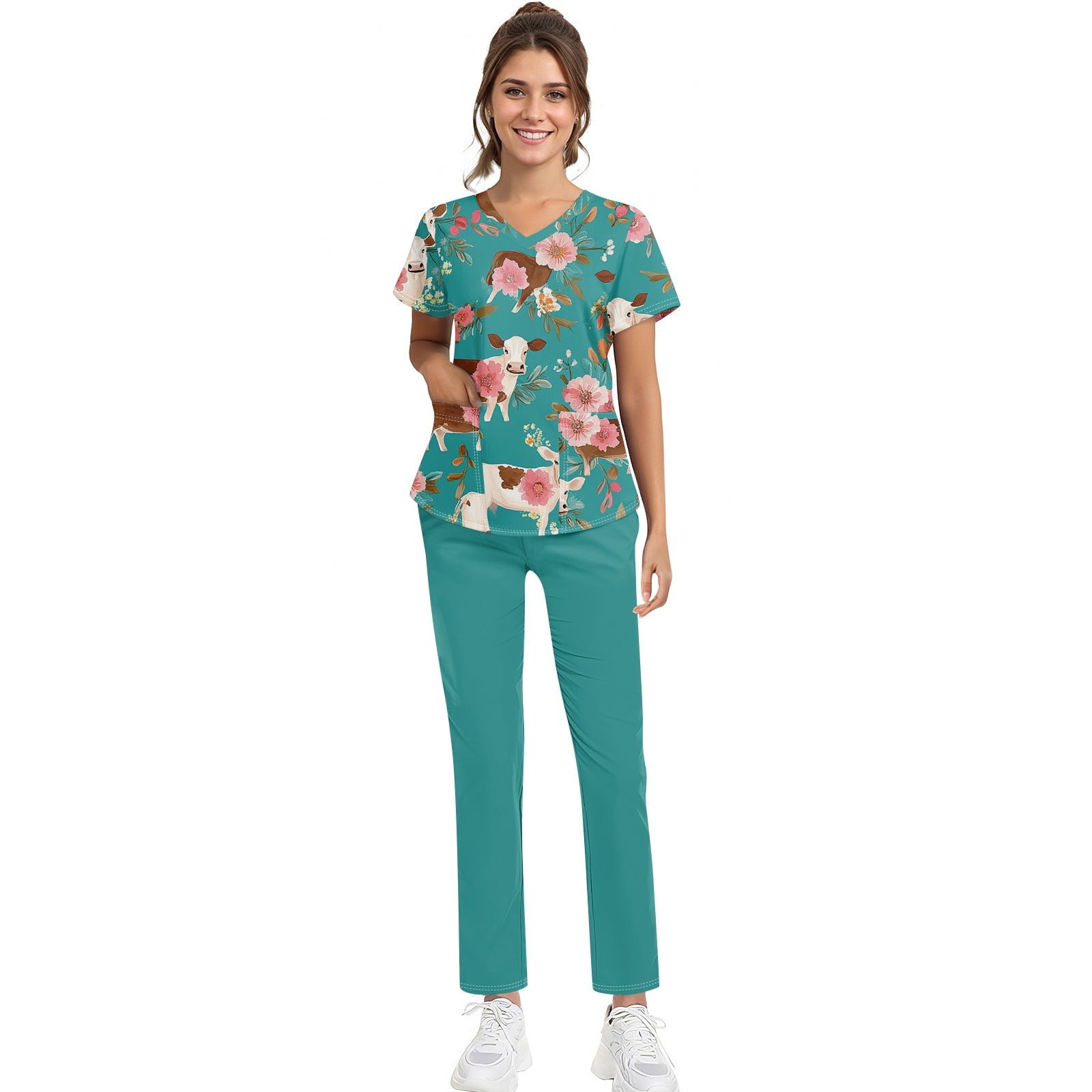 Two Piece Scrubs for Women Set - Stretch V-Neck Scrub Tops & Jogger ...