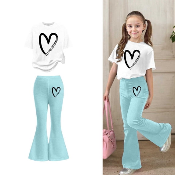Two Piece Set for Girls Short Sleeve Heart T-Shirt Top and Flared Pants ...