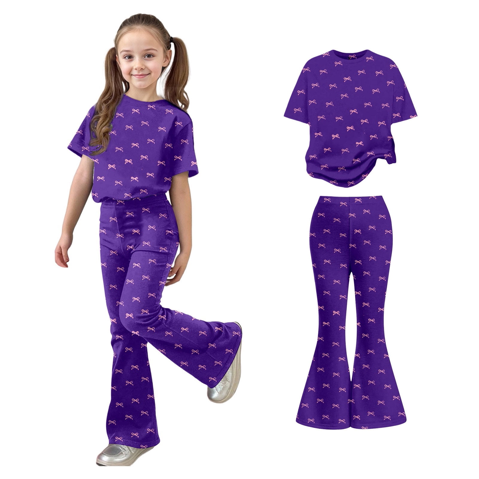 Two Piece Sets for Girls Short Sleeve Bow T-Shirt Top and Flared Pants ...