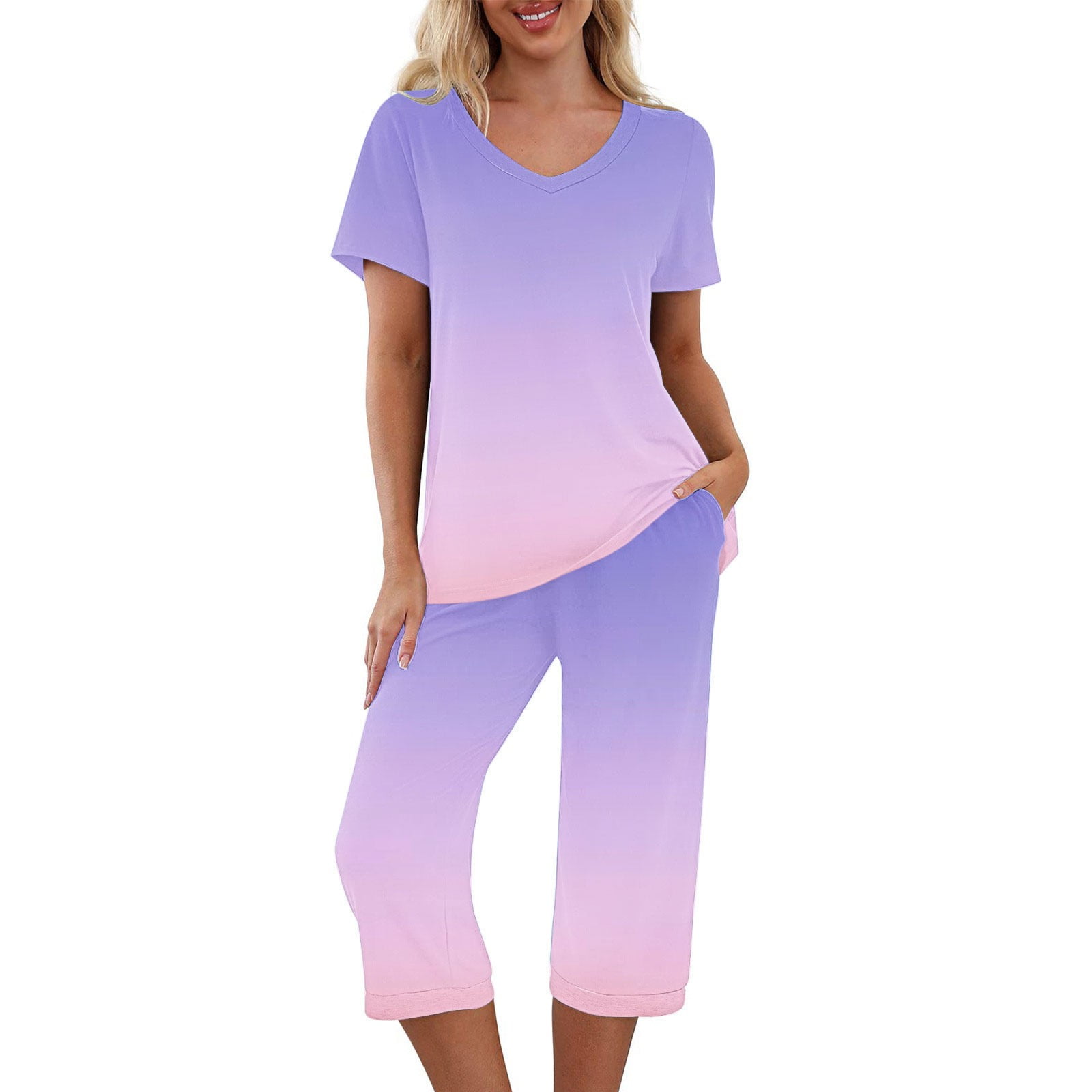 Two Piece Sets for Women Capris Short Sleeve Tee Shirts and High ...