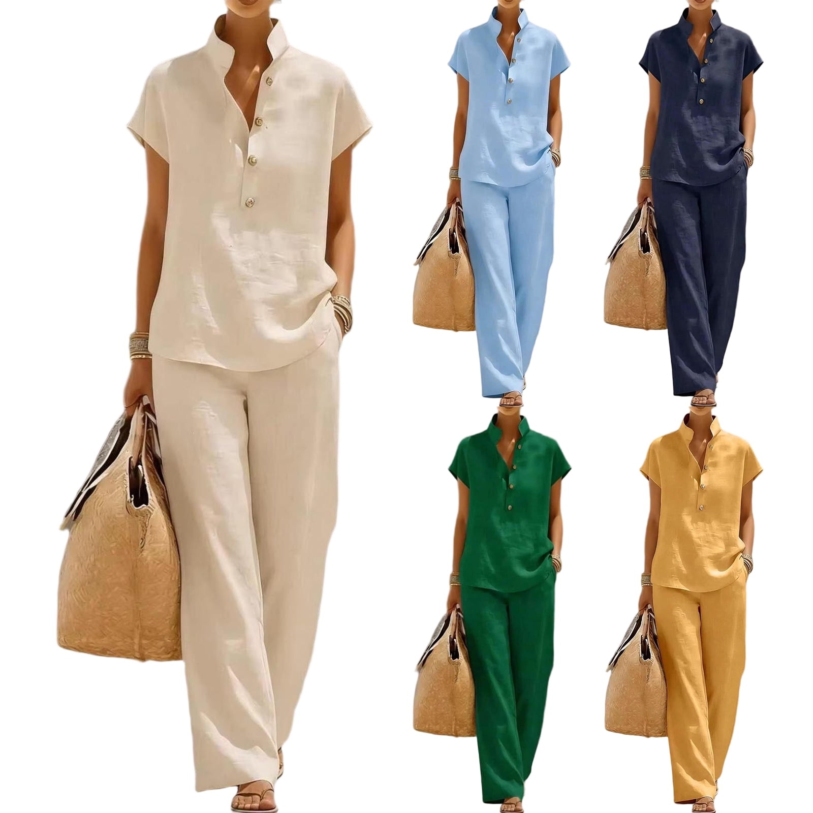 Two Piece Sets for Women Short Sleeve Henley Shirt Wide Leg Pants Set ...