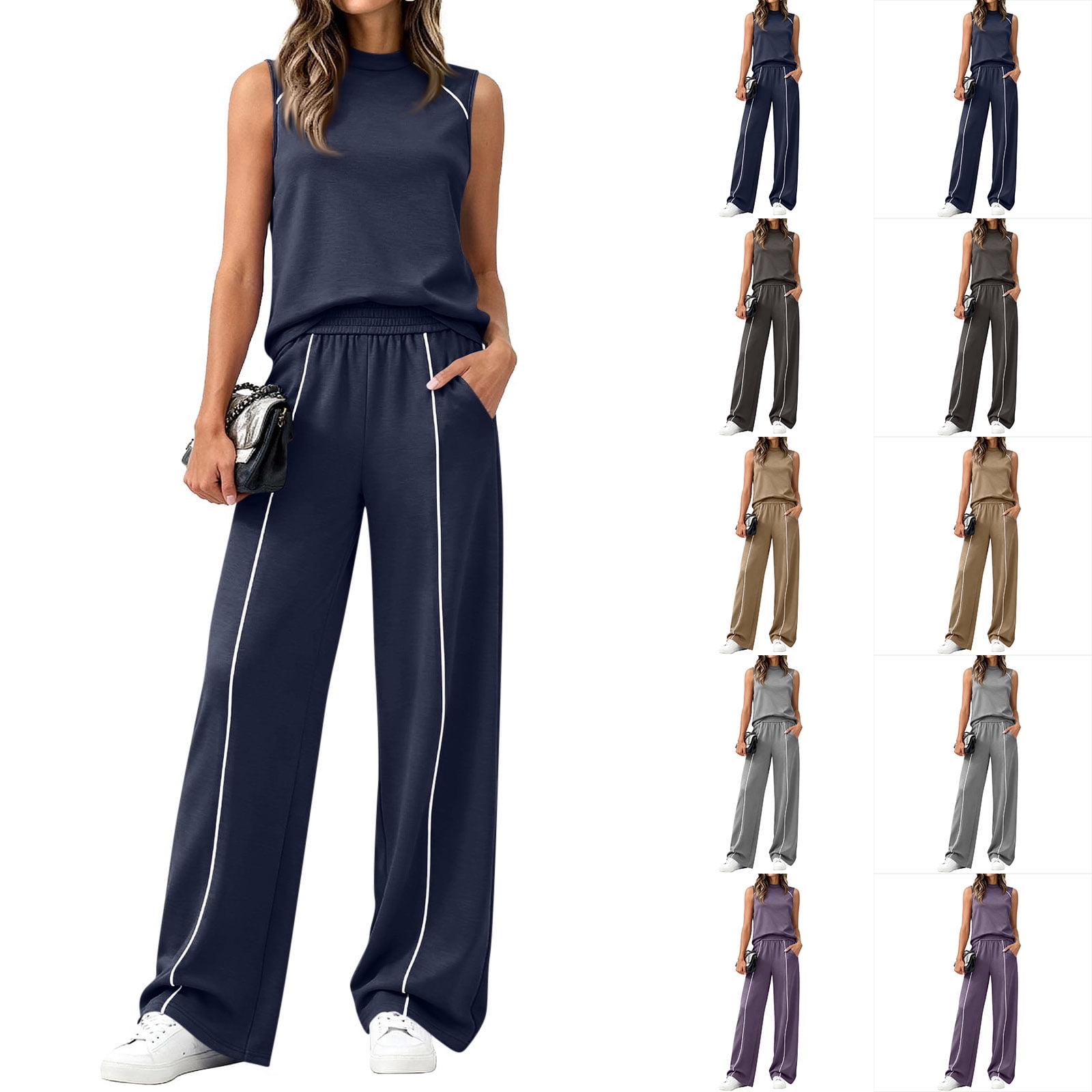 Two Piece Sets for Women Summer Lounge Sets Mock Neck Sleeveless Tops ...