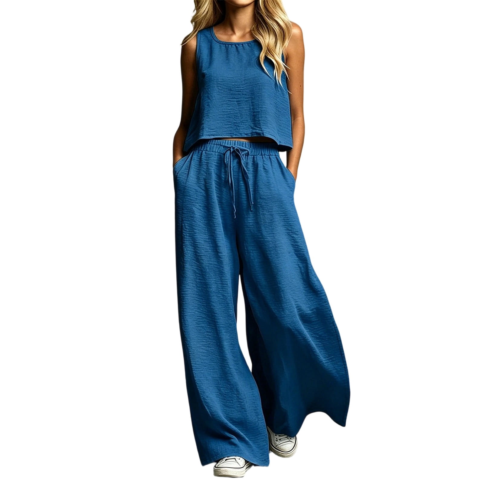 Two Piece Sets for Women Summer Outfits Round-Neck Sleeveless and Long ...