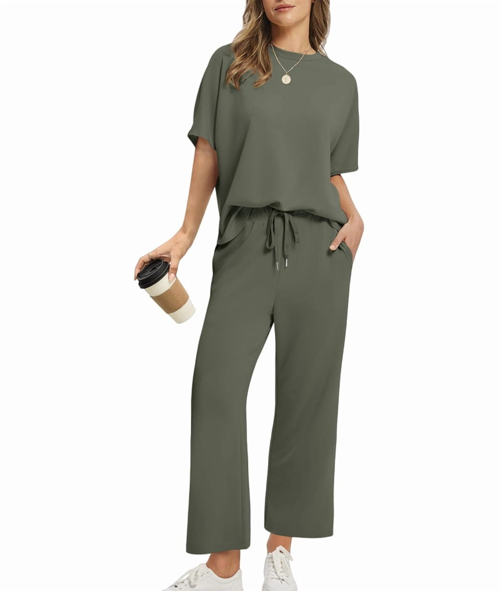 Two Piece Sets for Women Summer Outfits Wide Leg Crop Pants Lounge Sets ...