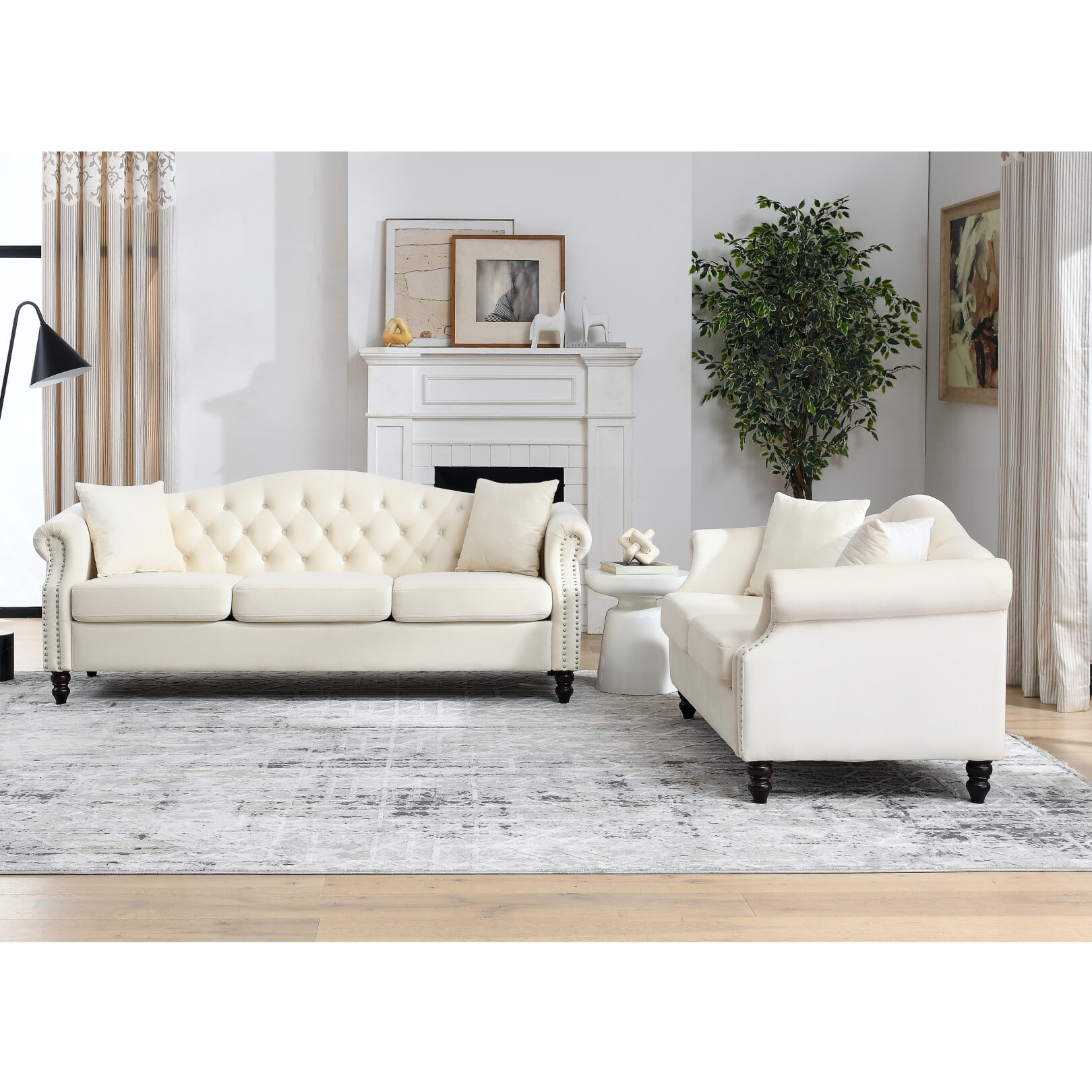 Two-Piece Suit Chesterfield Sofa, Velvet Accent Large3-Seater + 2-Seater Combination Sofa with ...