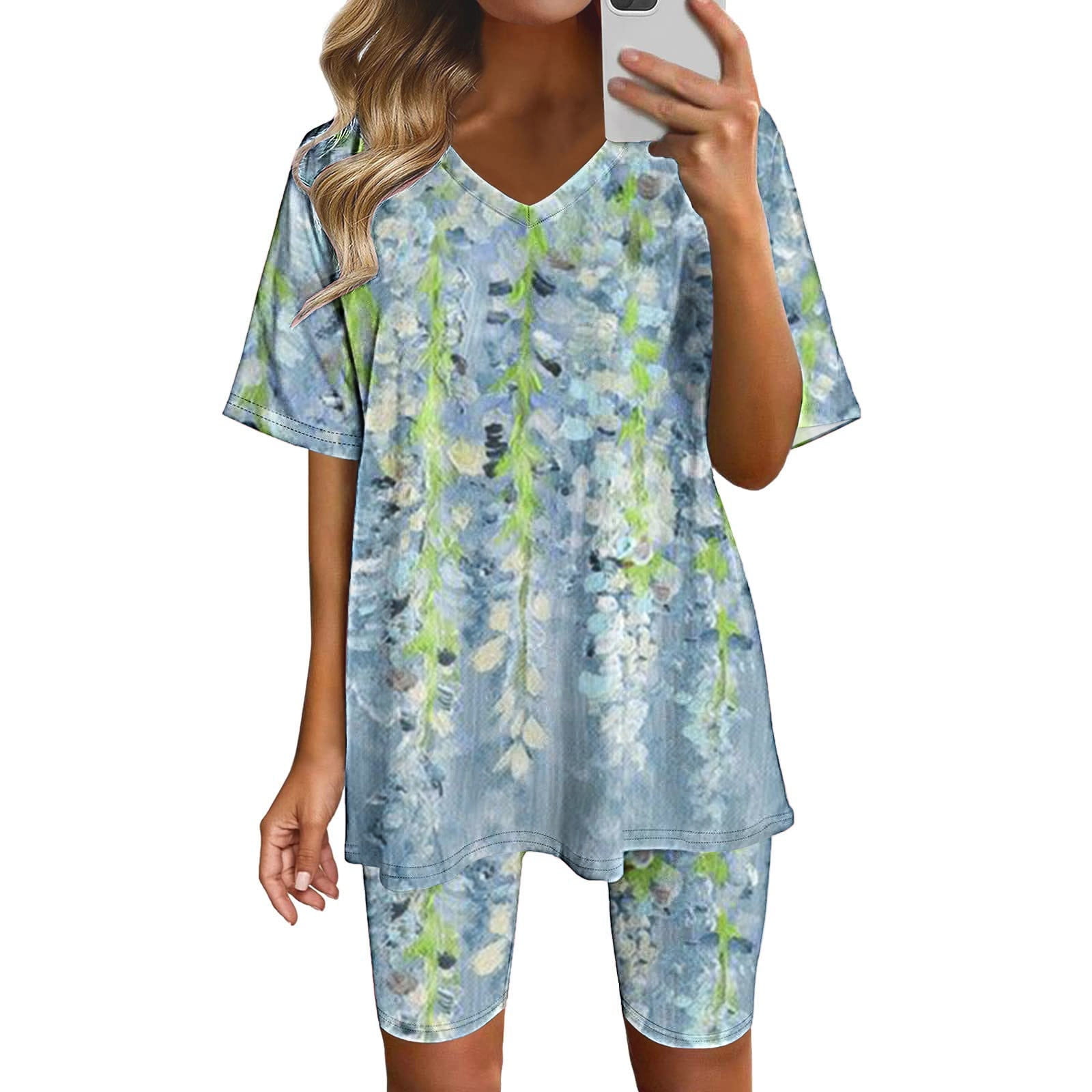 Two Piece Summer Sets Plus Size Women's Short Sleeve V-neck Tops Shorts ...