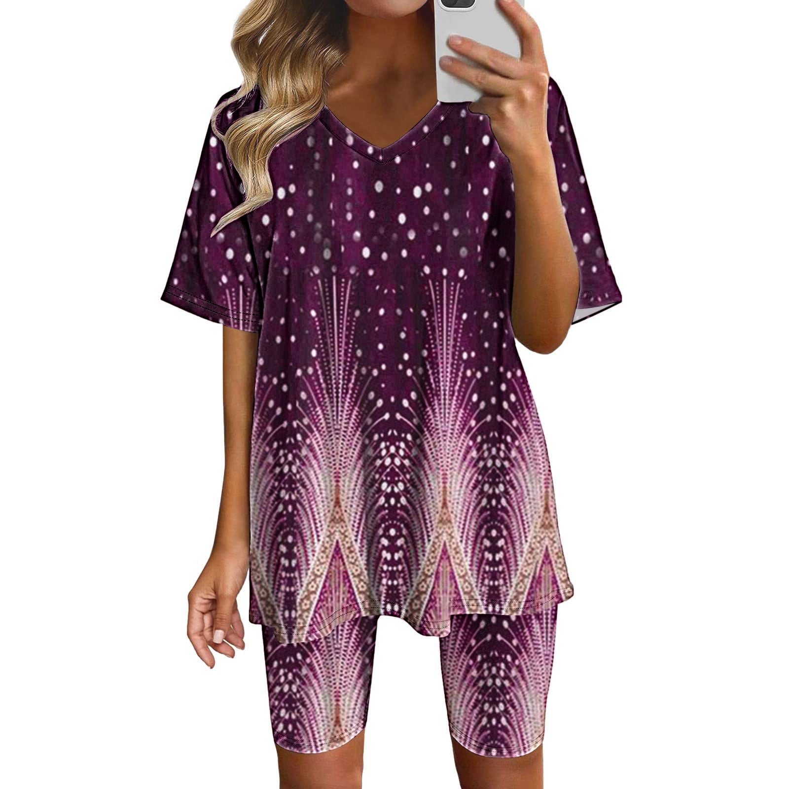 Two Piece Summer Sets Plus Size Women's Short Sleeve V-neck Tops Shorts ...