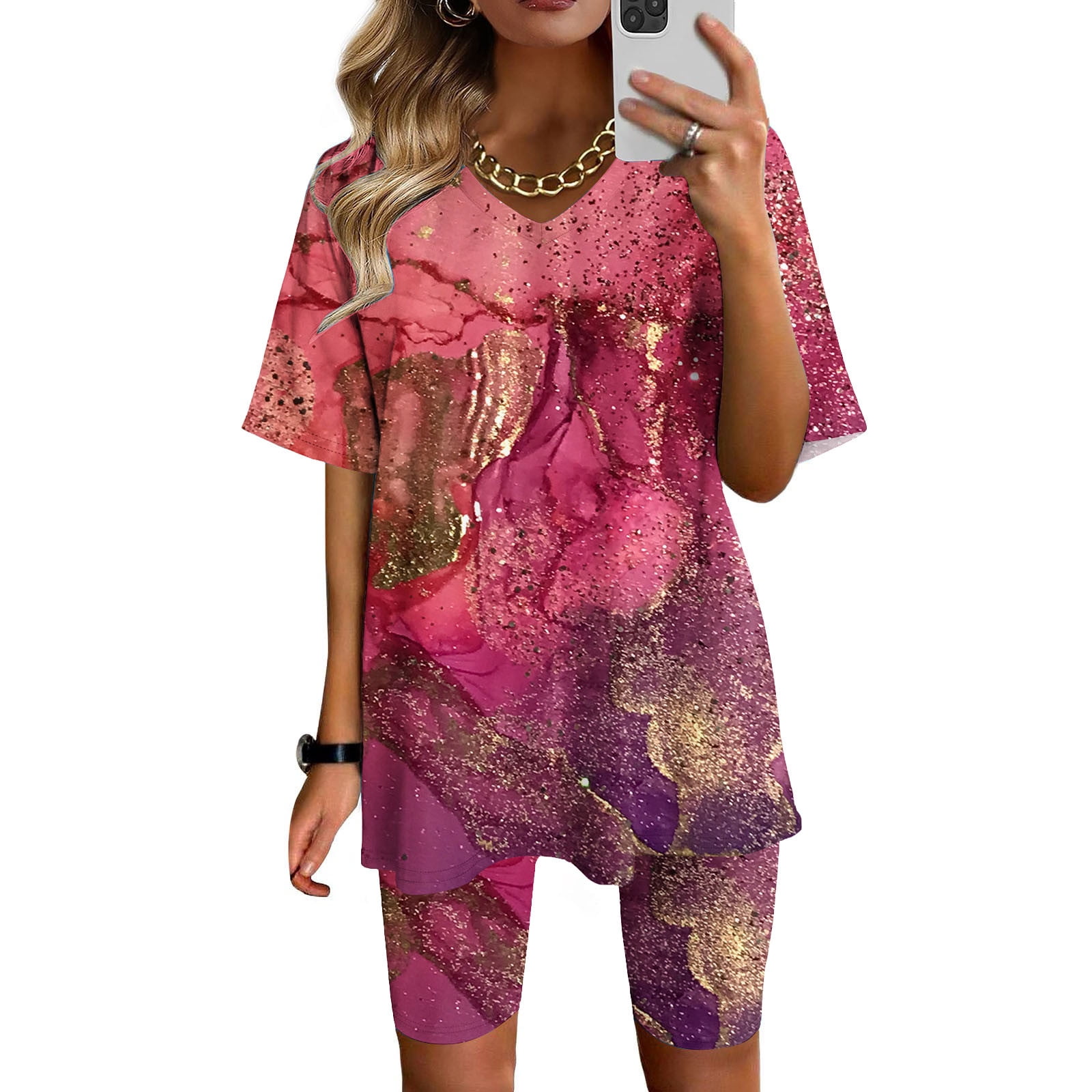 Two Piece Summer Sets Plus Size Women's Summer Short Sleeve V-neck Tops Shorts Comfortable ...