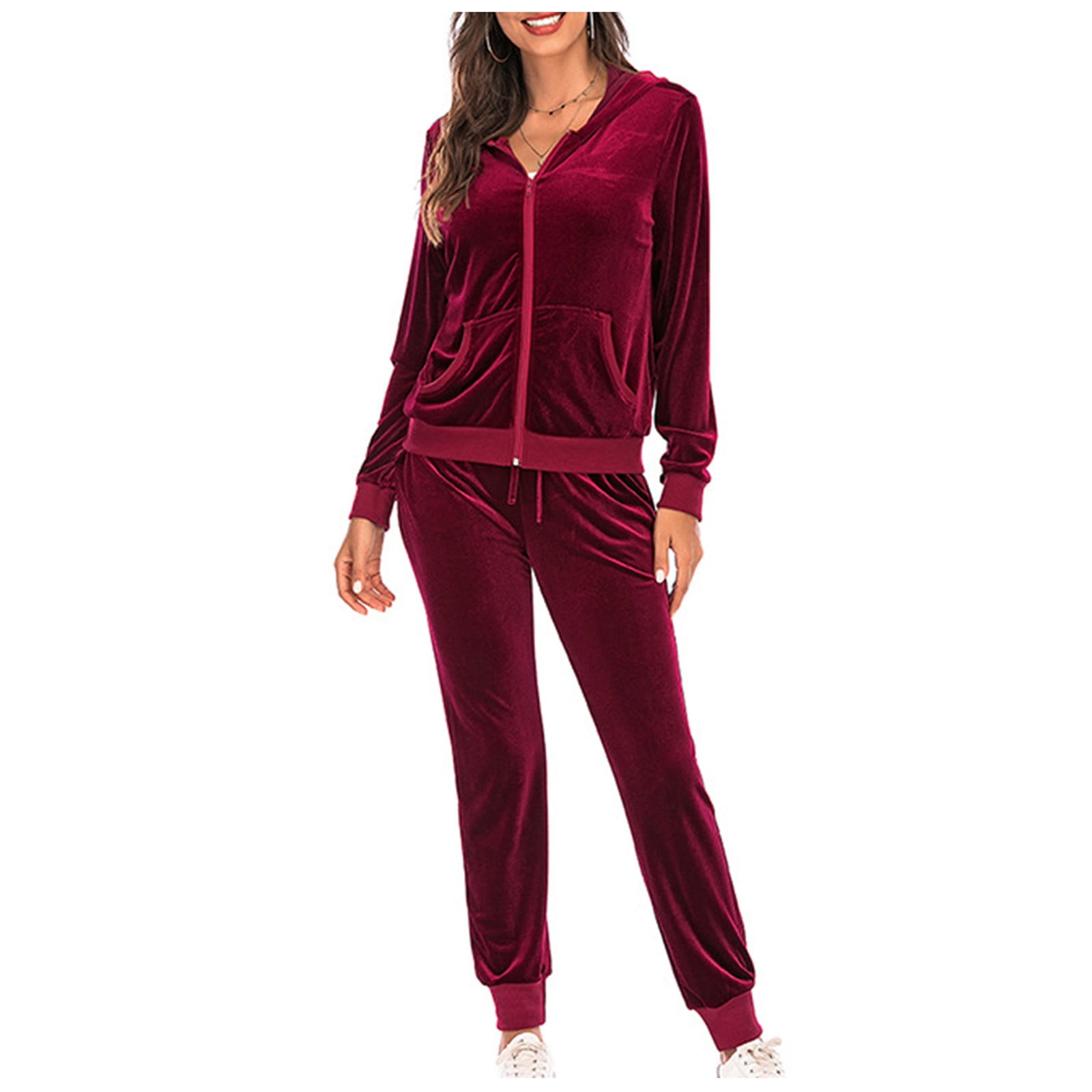 Two Piece Velvet Tracksuits, Zip Up Hoodie Jacket and Pant Sets for ...