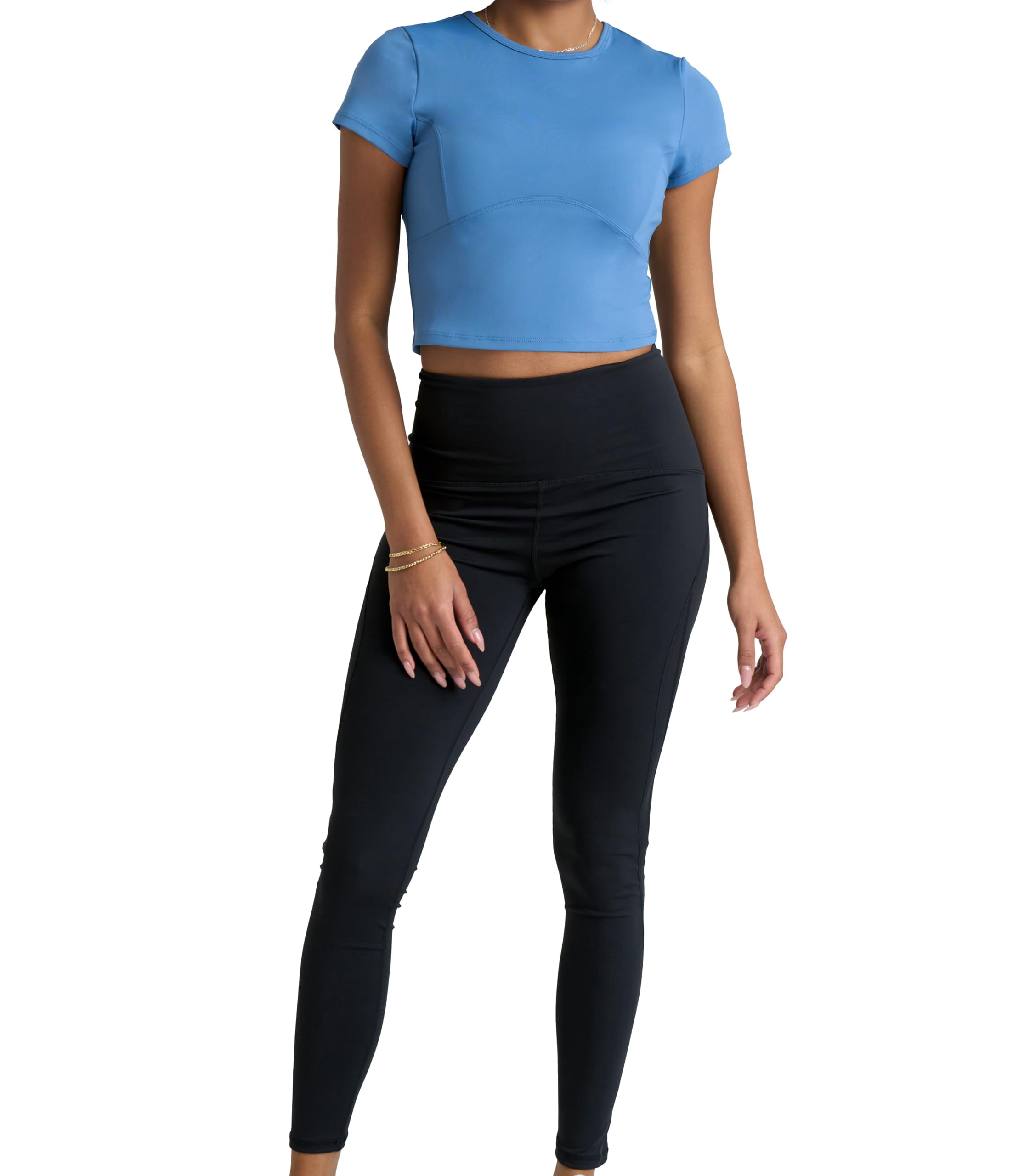 Two Piece Workout Set for Women High Waist Leggings and Short Sleeve ...