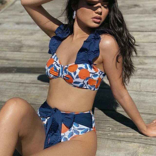 Two Pieces Women Floral 2024 Push Up Padded Bra Ruffles Bandage Bikini