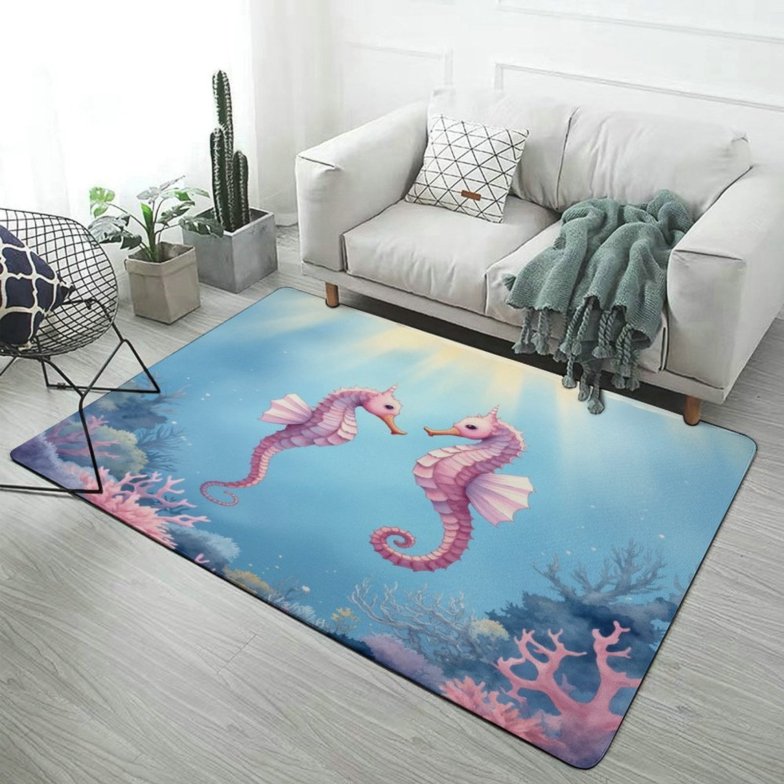 Two Pink Seahorses in Coral Reef Carpet Style Living Room Bedroom Rug ...