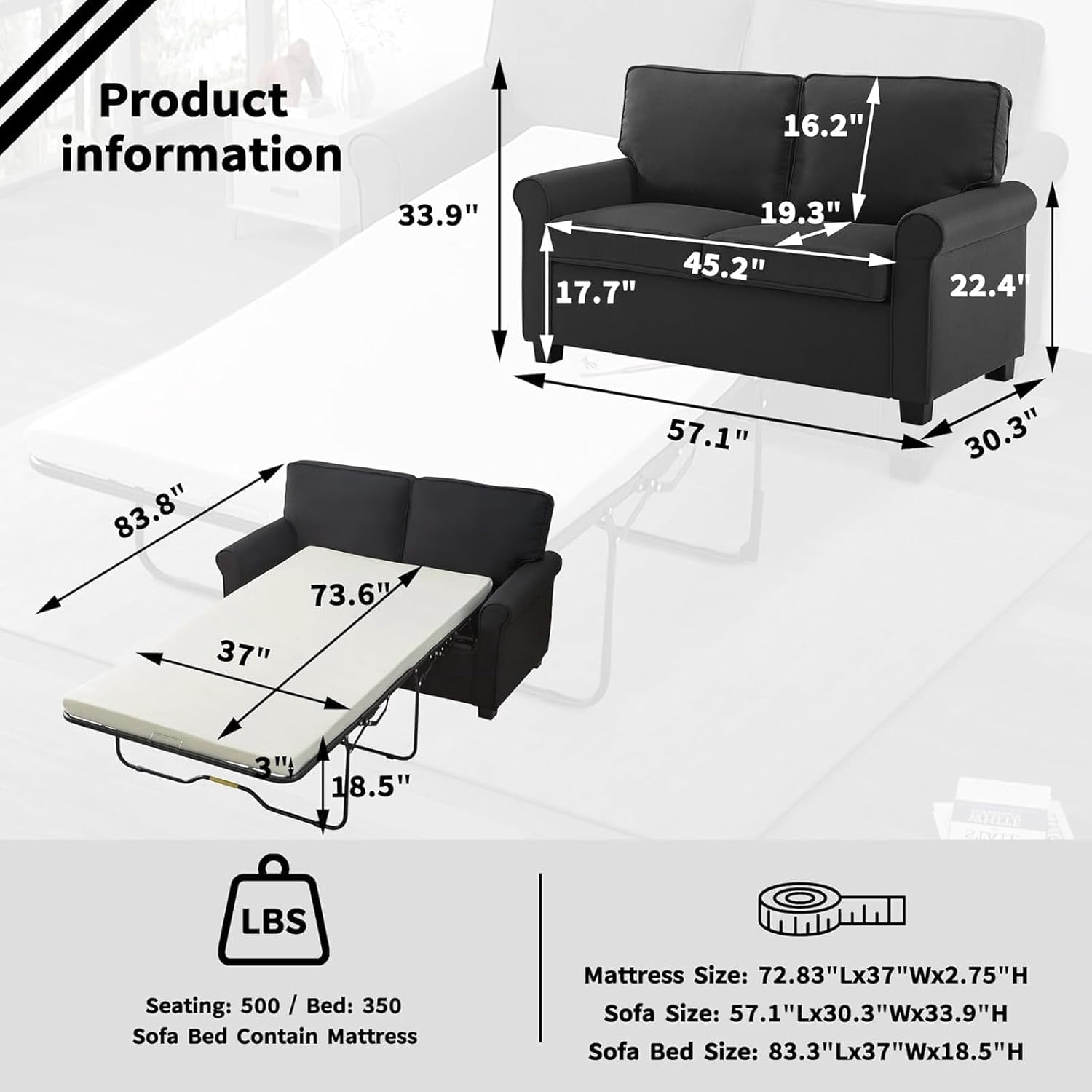 Two Pull-Out Sofa Bed with Memory Foam Mattress, - Walmart.com