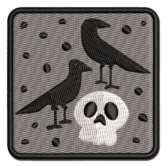 Two Ravens and Skull Halloween Doodle Applique Multi-Color Embroidered ...