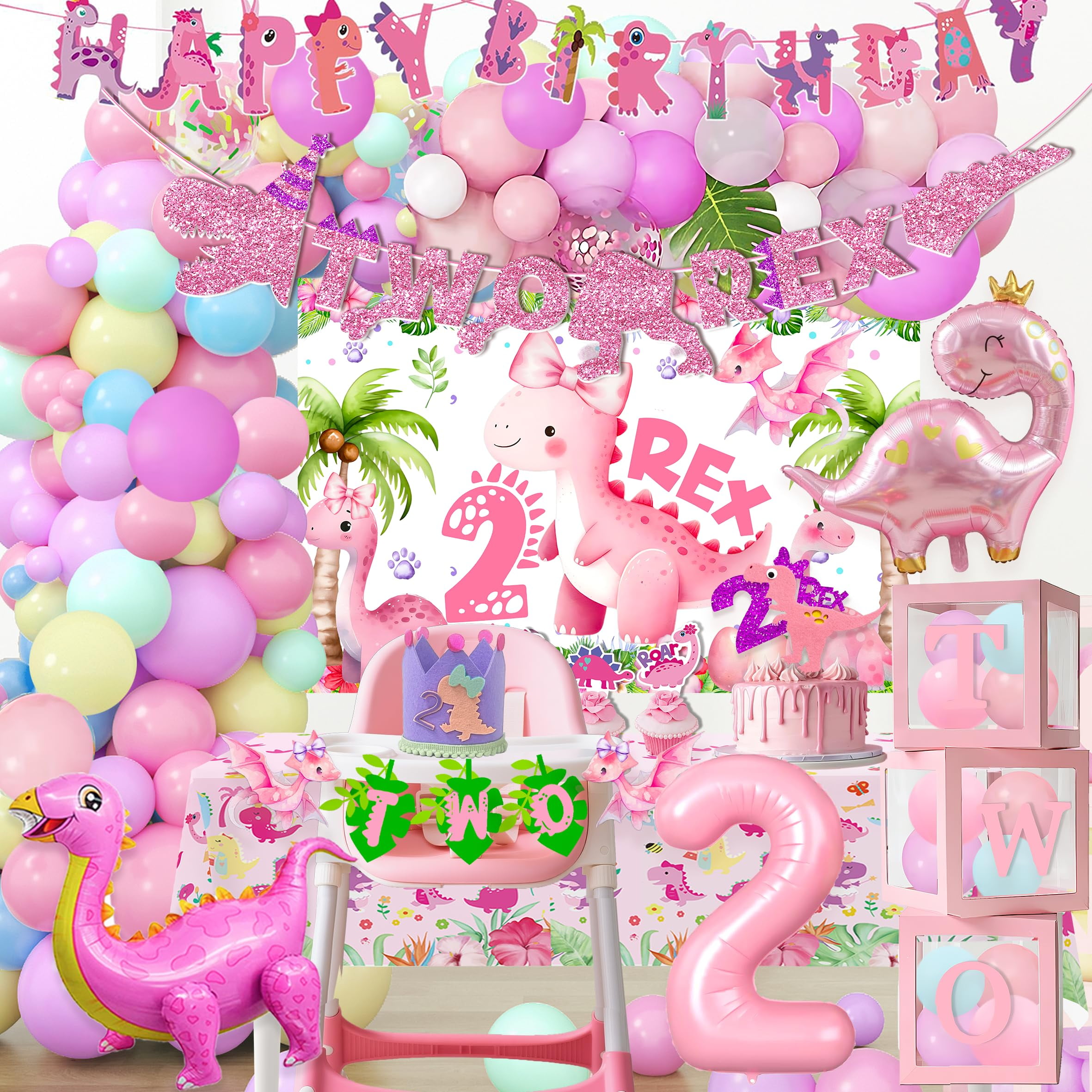 Two Rex Birthday CORNET Decorations Girl,2nd Birthday Decorations for ...