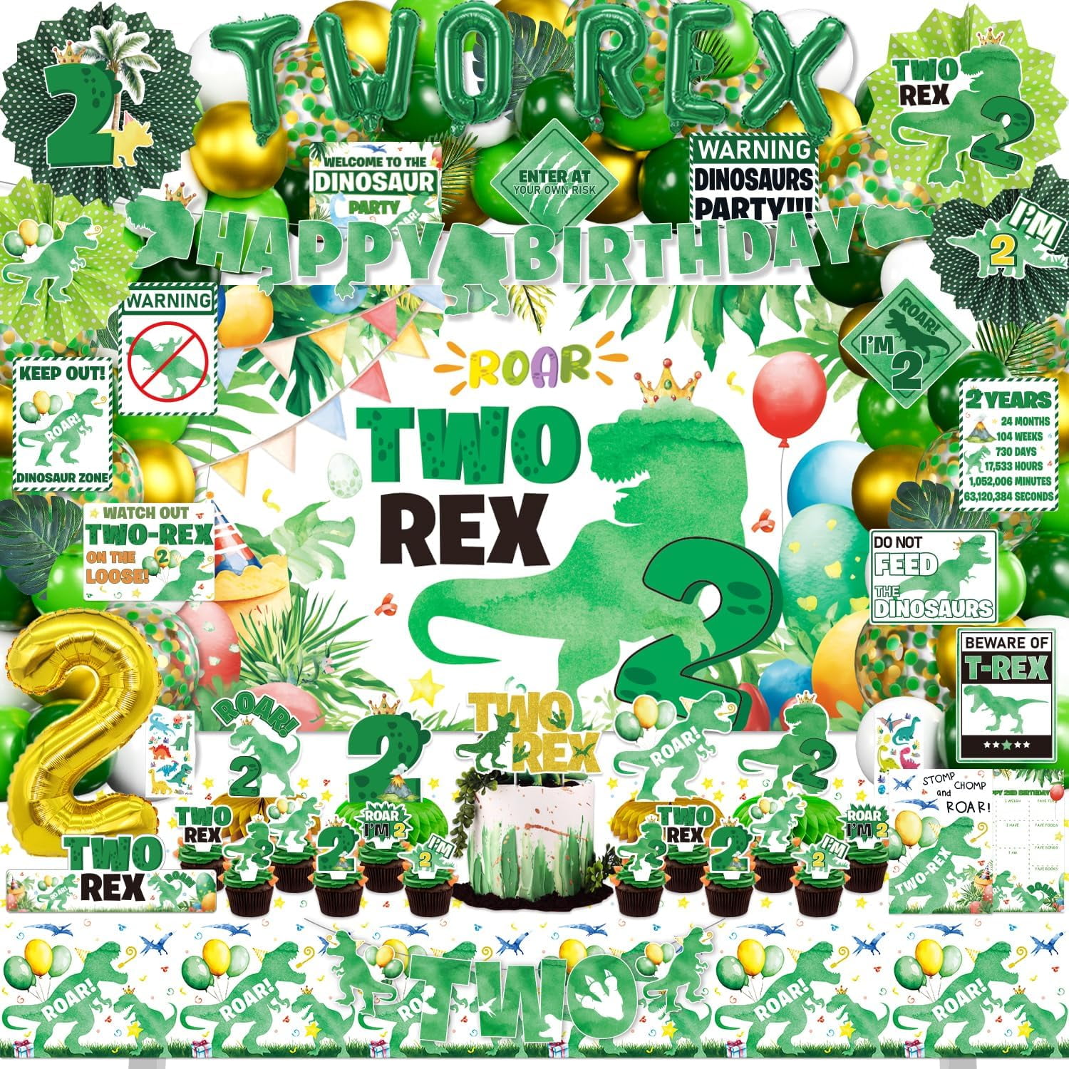 Two Rex Birthday Decorations Boy for 2nd Boys, 131Pcs 2 Rex Dinosaur Dino Party Decor Supplies ...