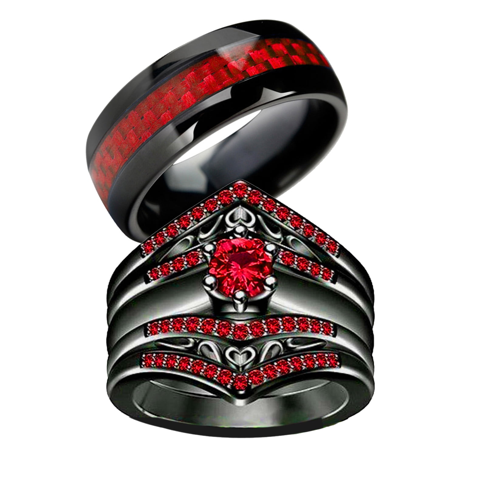 Two Rings His Hers Wedding Ring Sets Couples Matching Rings Women's 2pc ...