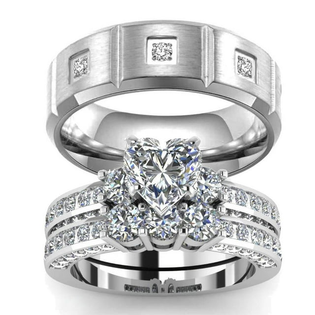 Two Rings His and Hers Wedding Ring Sets Couples Rings 18K White Gold Plated Heart White Cz ...