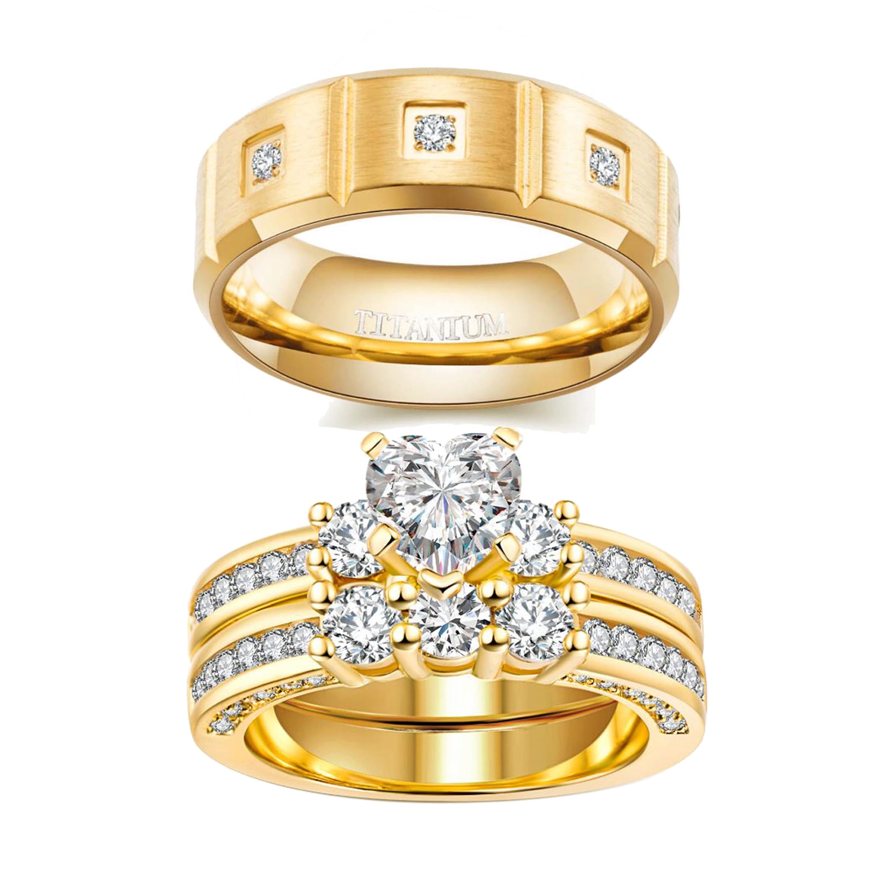Two Rings His and Hers Wedding Ring Sets Couples Rings 18K Yellow Gold ...