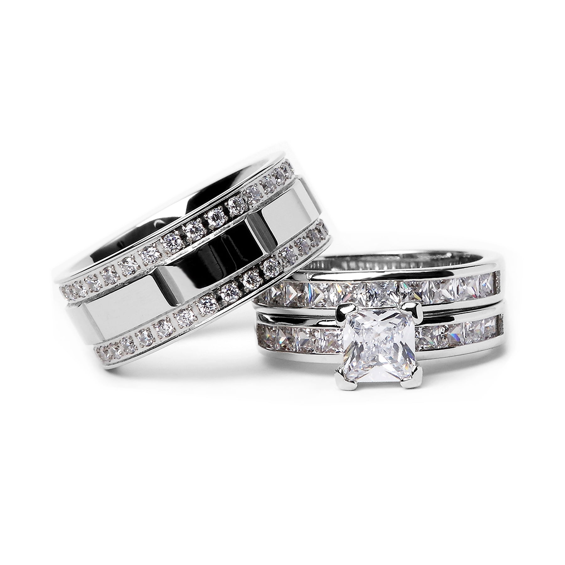 Two Rings Wedding Ring Sets His And Hers Couples Women Sterling Silver ...