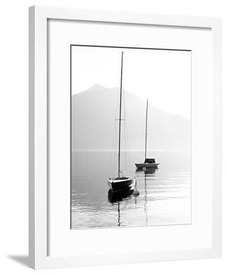 Two Sail Boats in Early Morning on the Mountain Lake. Black and White ...