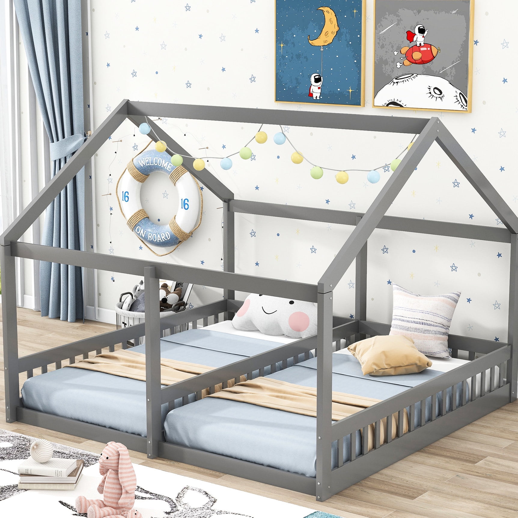 Two Shared Gray Twin House Platform Beds / Sturdy Frame, Easy Assembly ...