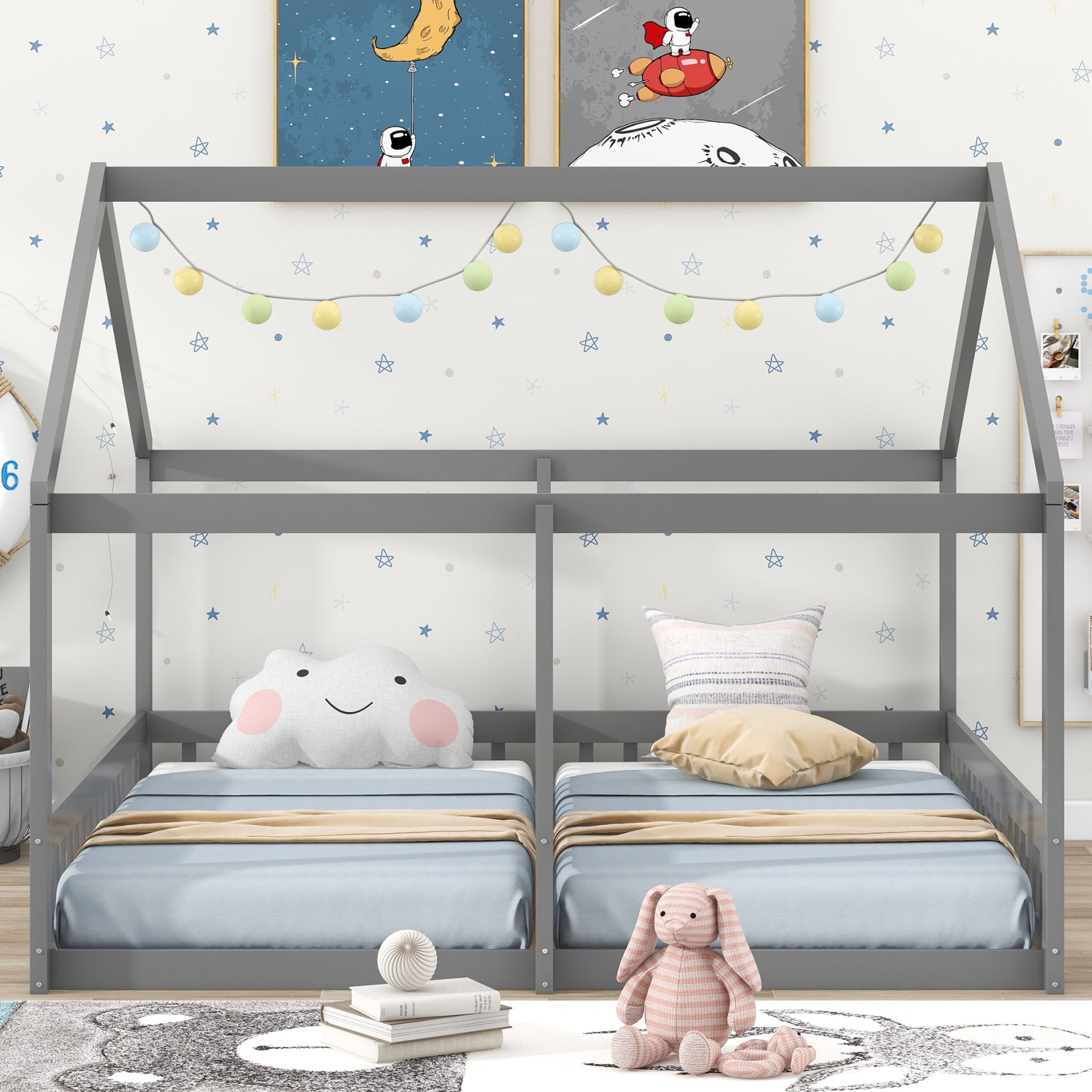 Two Shared Twin Size House Platform Beds in Elegant Gray - Unique ...