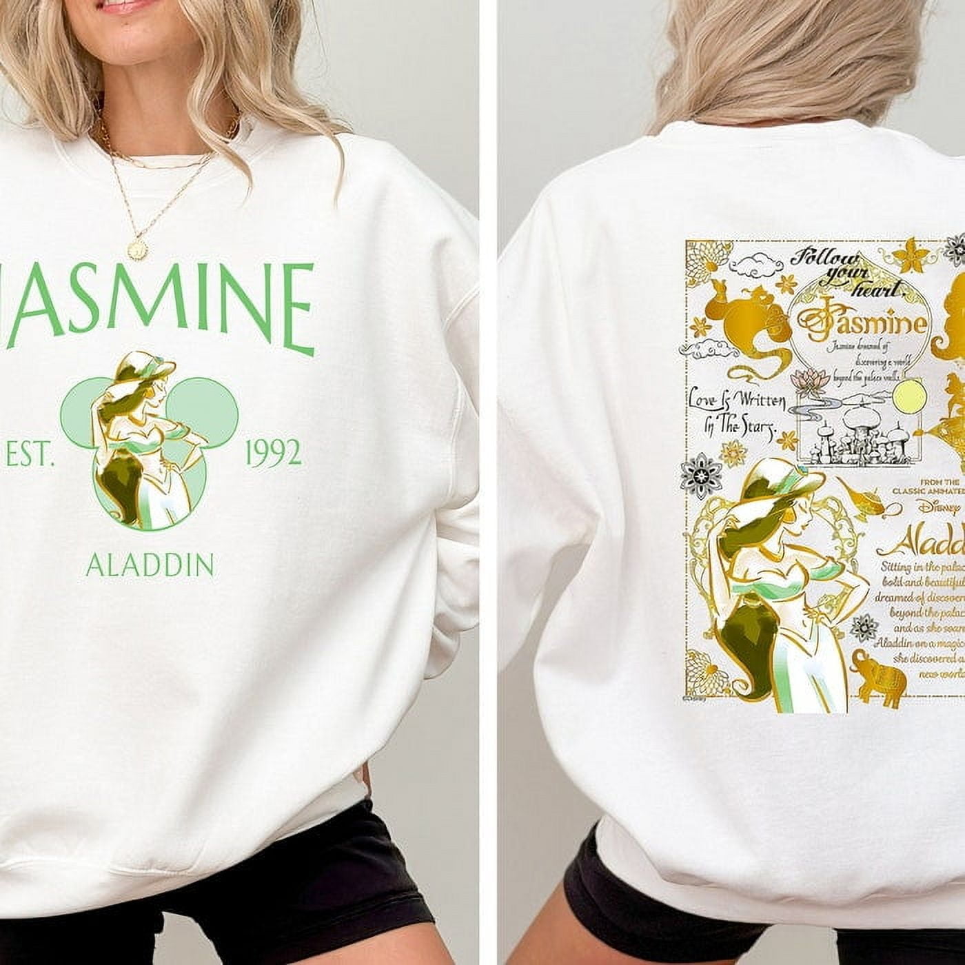 Two Sided Disney Aladdin Jasmine Est 1992 Sketch T-Shirt, Jasmine ...