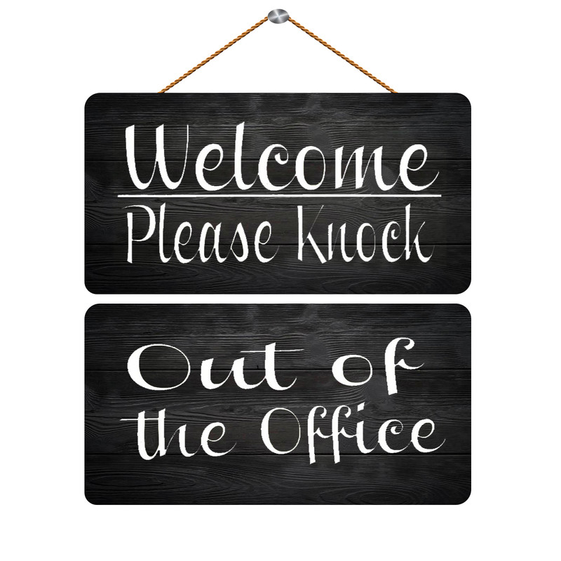 Two-Sides Out Of Office Welcome Please Knock 12X6 Inch Wooden Hanging ...