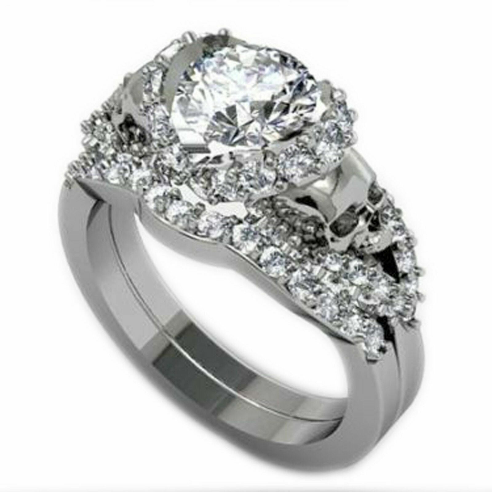 Two Skull 2.20 Ct Round Cut Moissanite Engagement & Wedding Ring Set ...
