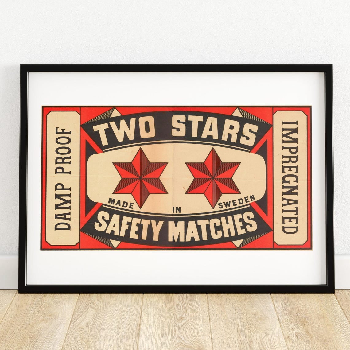Two Stars Safety Matches Print Vintage Swedish Matchbox Art Industrial ...