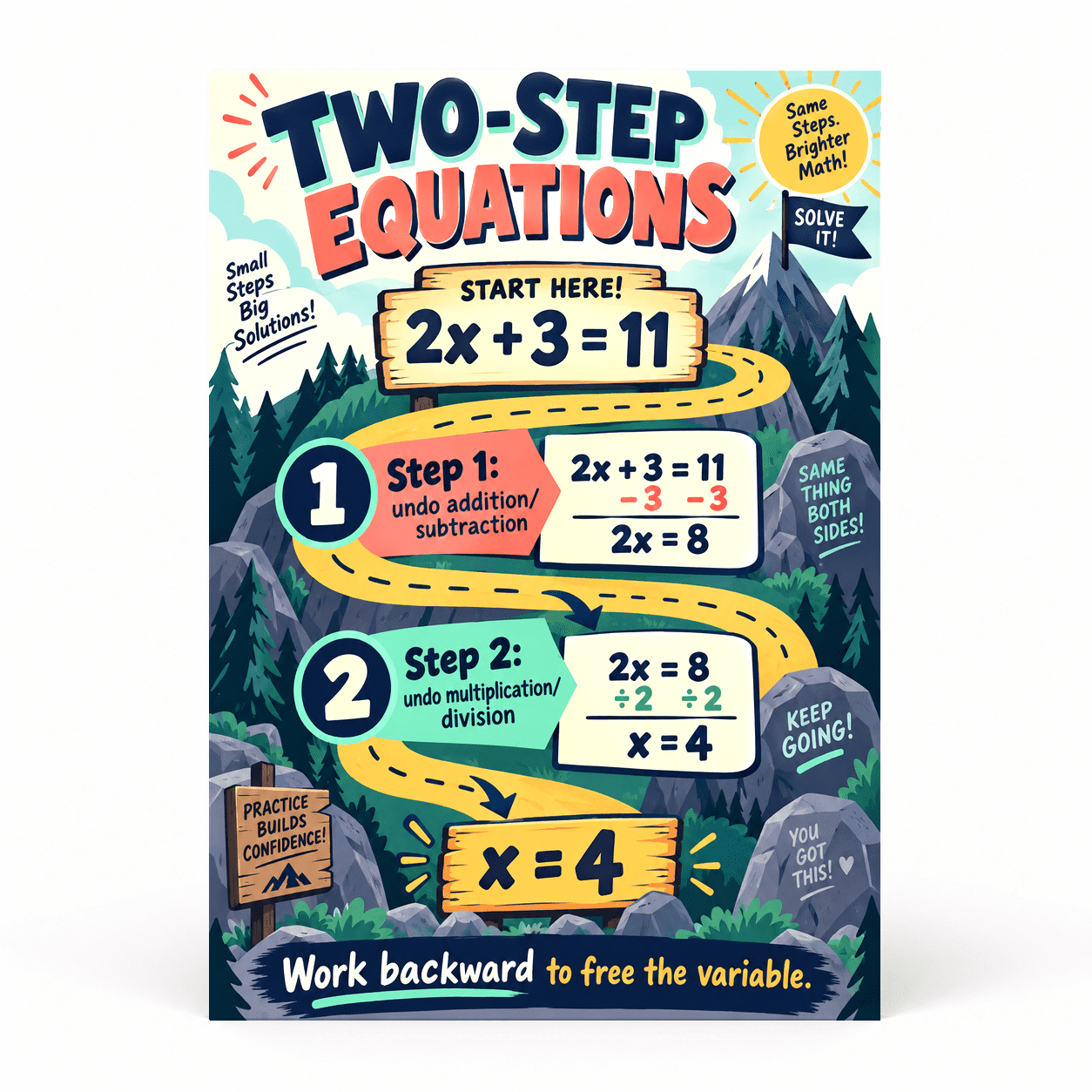 Two-Step Equations Math Poster - Educational Algebra Chart for Middle ...