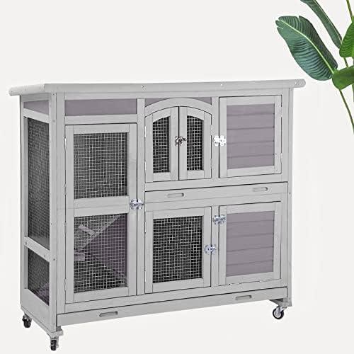 Two-Story Rabbit Hutch with Wheels Guinea Cage Indoor Outdoor Bunny ...