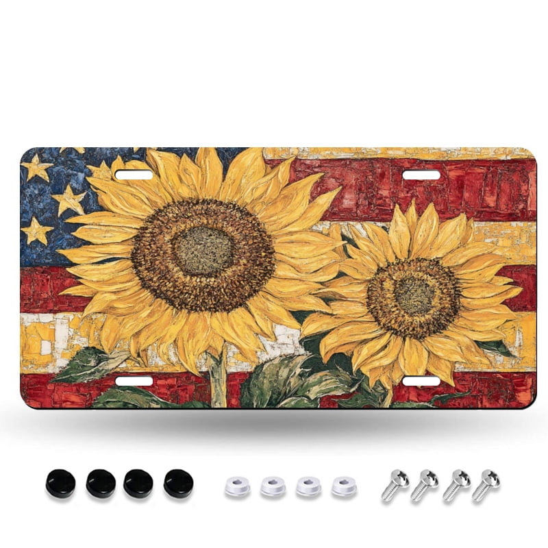 Two Sunflowers in Front Of American Flag - Textured Background License ...