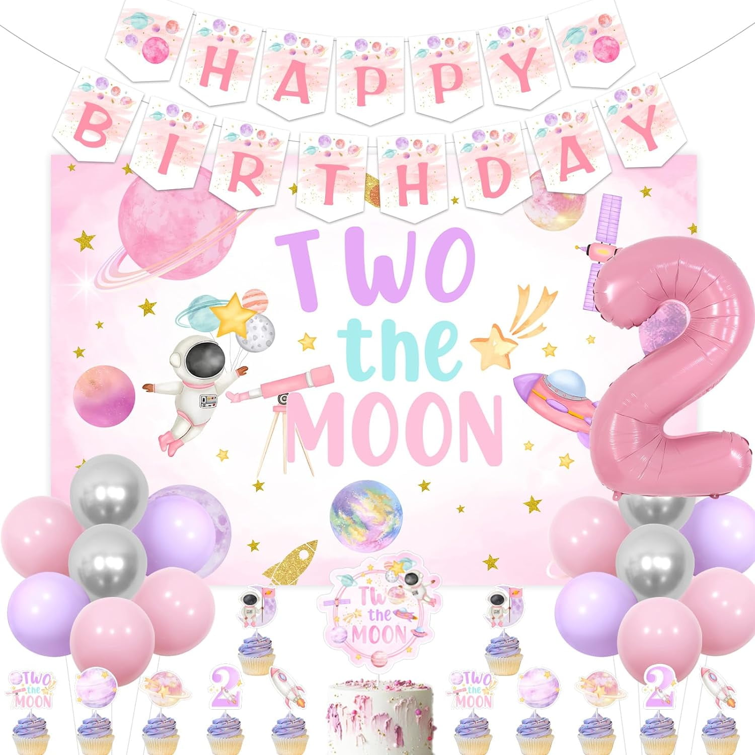 Two The Moon Birthday Decorations Girl, Outer Space 2nd Birthday ...