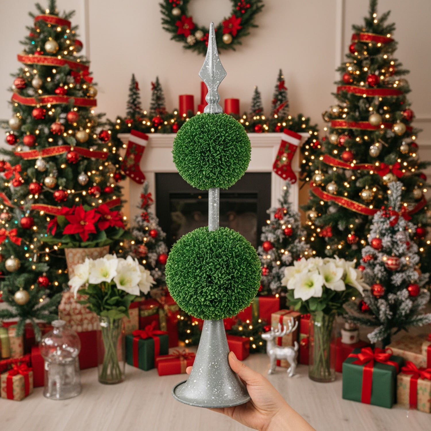 Two-Tier Artificial Plant D7x26.5" Natural Boxwood Sphere Topiary on ...