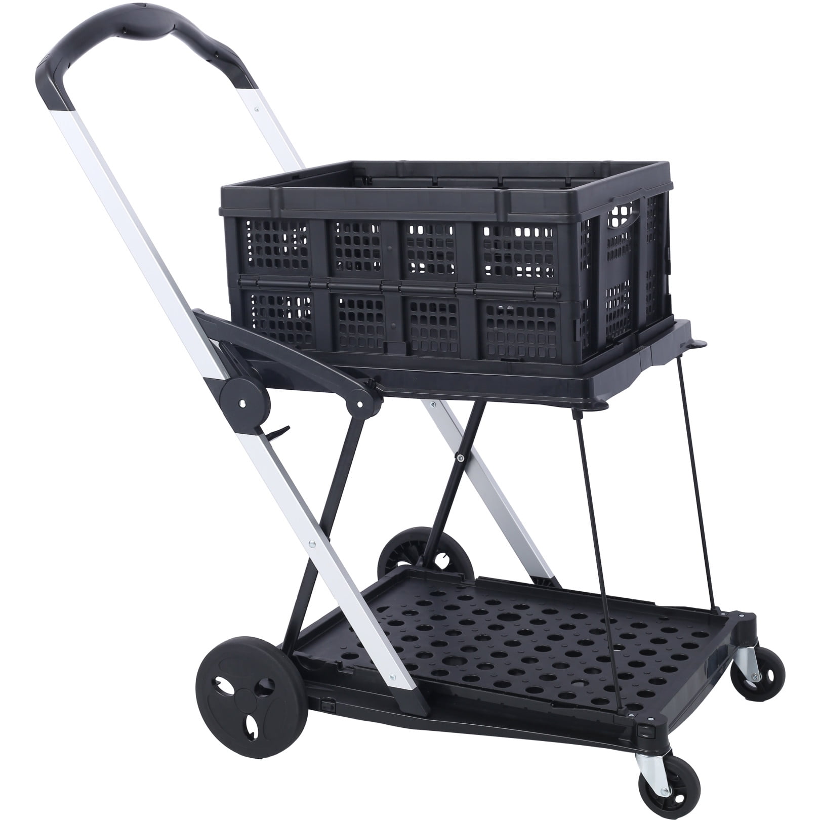 Two Tier Collapsible Shopping Cart with 360 Swivel Wheels Heavy Duty ...