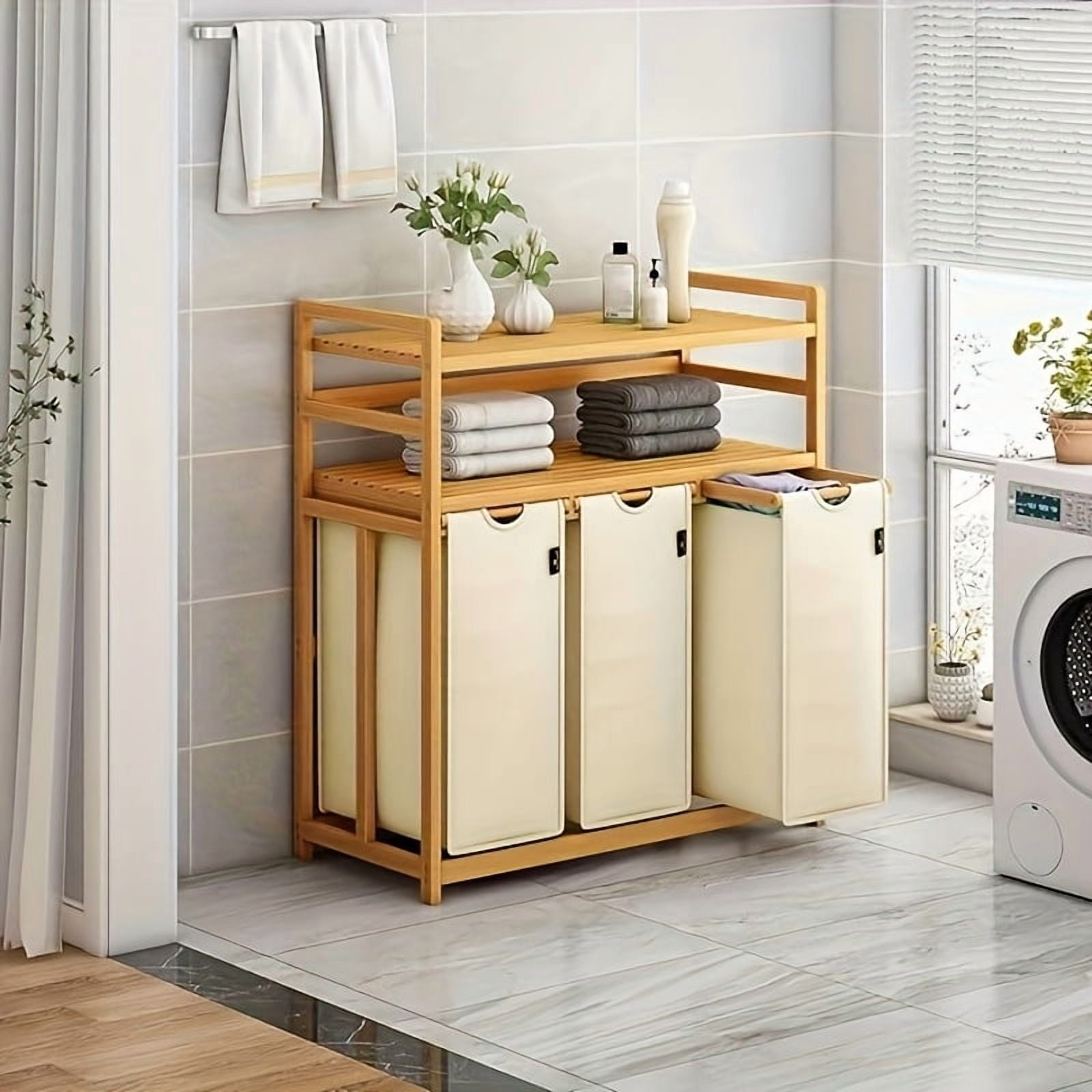 Two-Tier Laundry Sorting Station with Extendable Bags and Bamboo ...