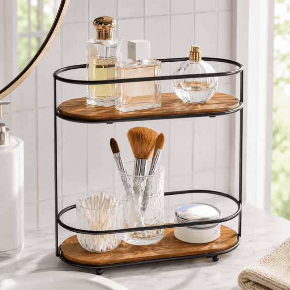 Two Tier Vanity Organizer with Acacia Wood Shelves and Steel Frame, 11. ...