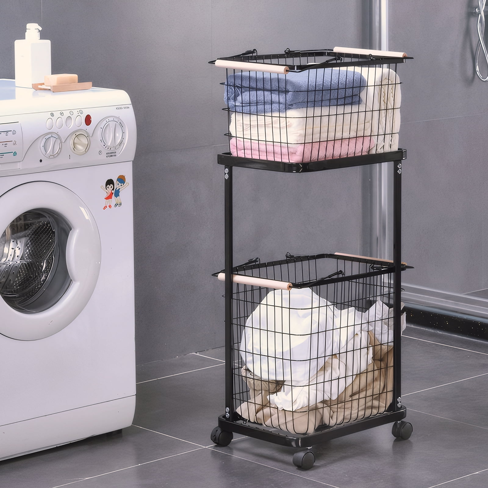 Two-Tier Ventilated Rolling Laundry Cart with Wheels, Durable Metal ...