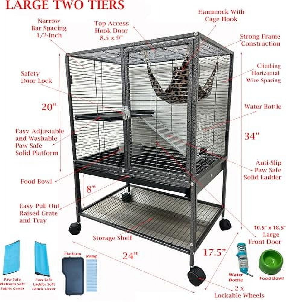 Large Two Tiers Small Animal Cage Tight 1/2-Inch Bar Spacing for Feisty ...