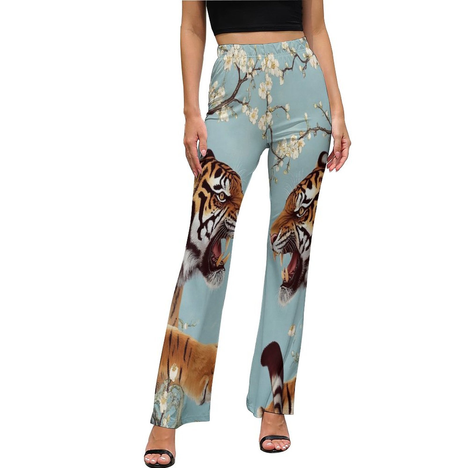 Two Tigers Facing Blossom Branch High Waisted Casual Flared Trousers ...