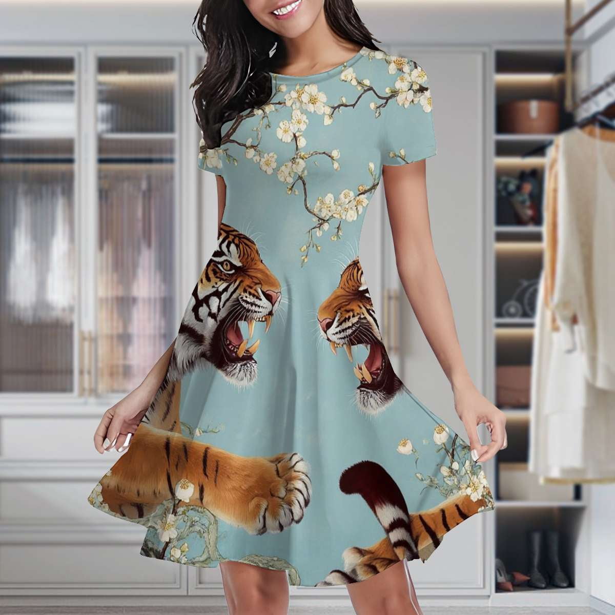 Two Tigers Facing Blossom Branch Women's Classic Swing Skater Dress ...