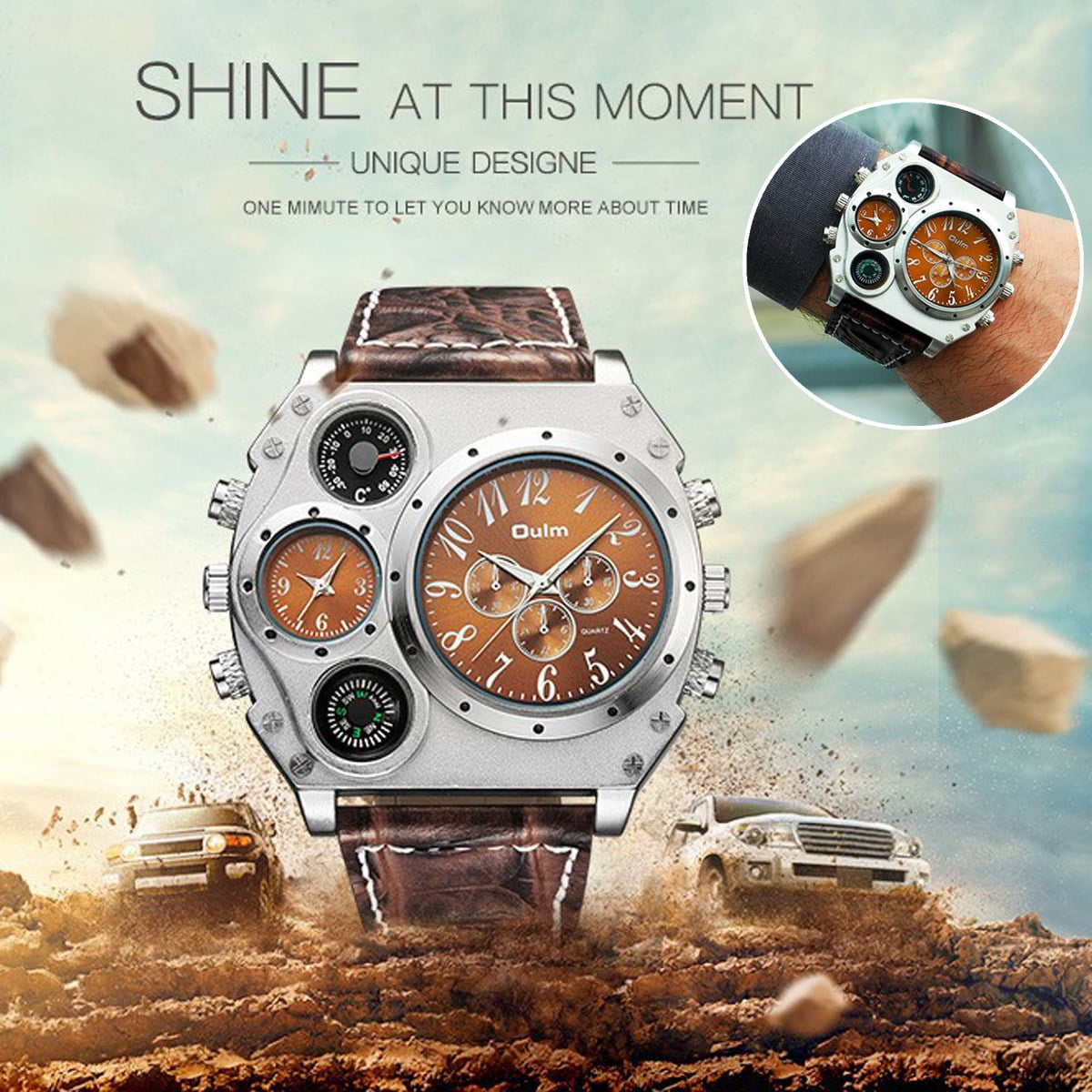 Two Time Zones Men Army Sports Fashion Big Dial Leather Strap Quartz ...